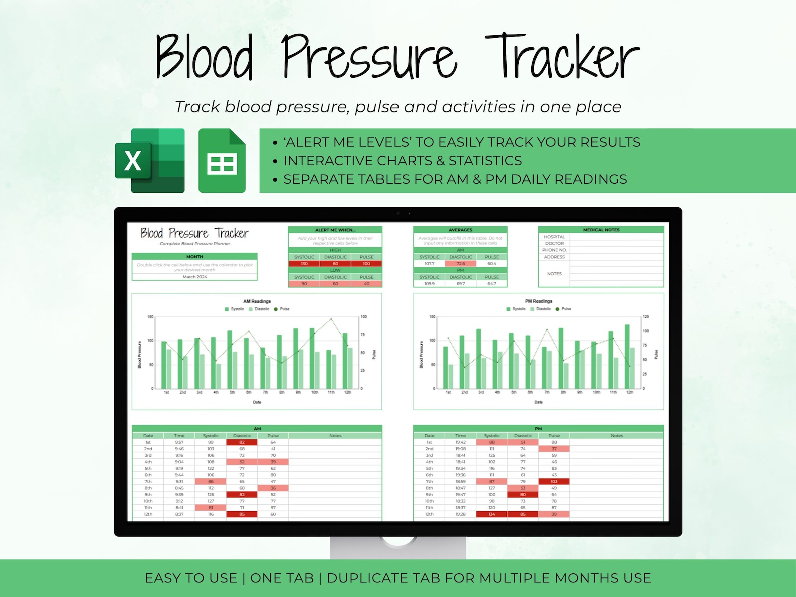 Editable Blood Pressure Tracker Spreadsheet | Blood Pressure and Pulse ...