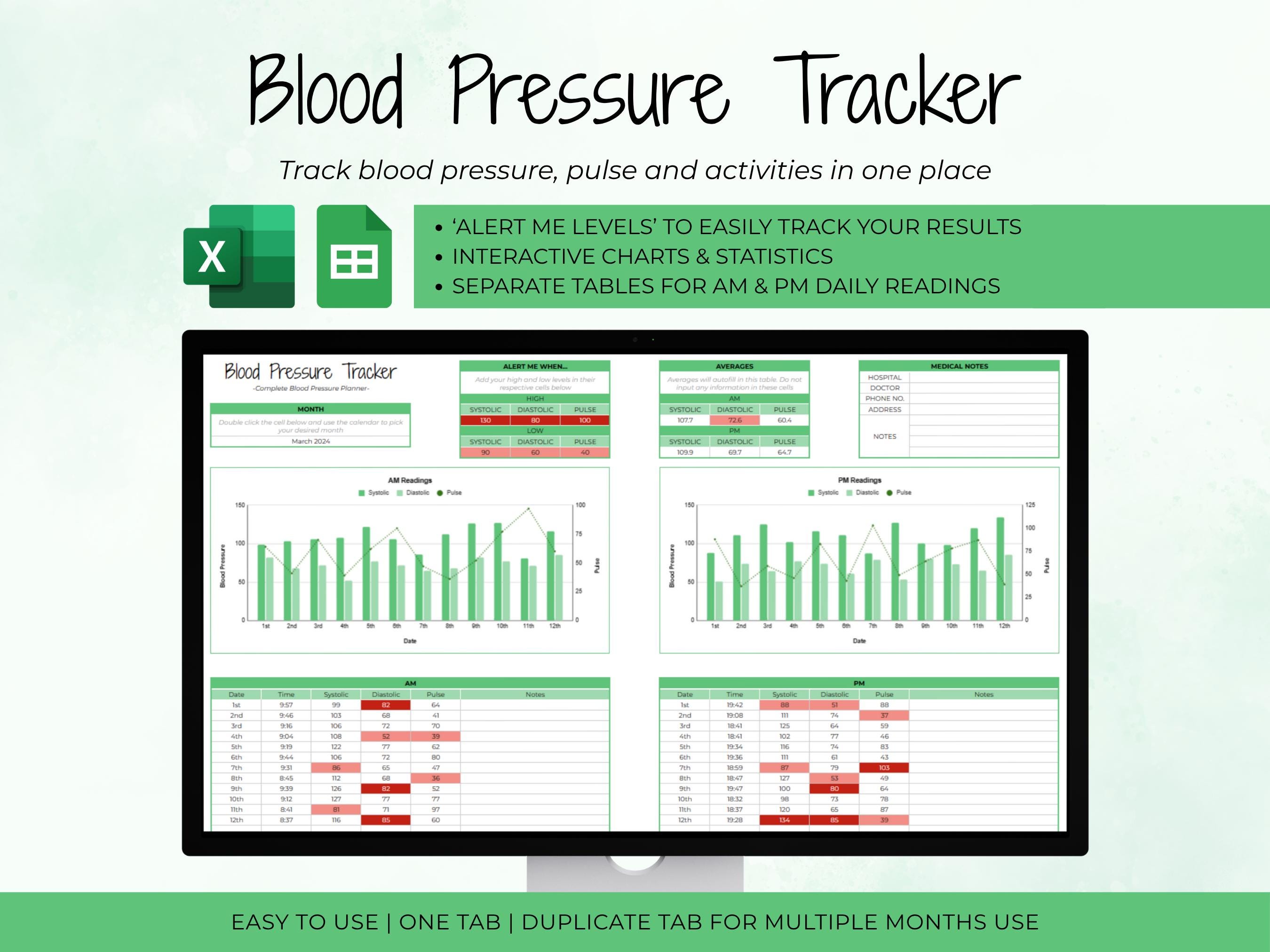 Editable Blood Pressure Tracker Spreadsheet | Blood Pressure and Pulse ...