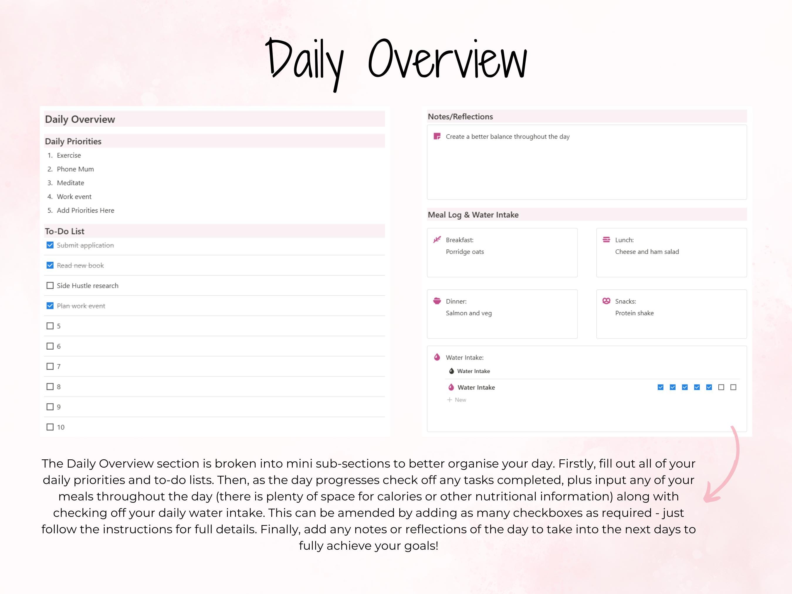 Editable Daily Planner Notion Template: Meal & Water Tracker (digital ...