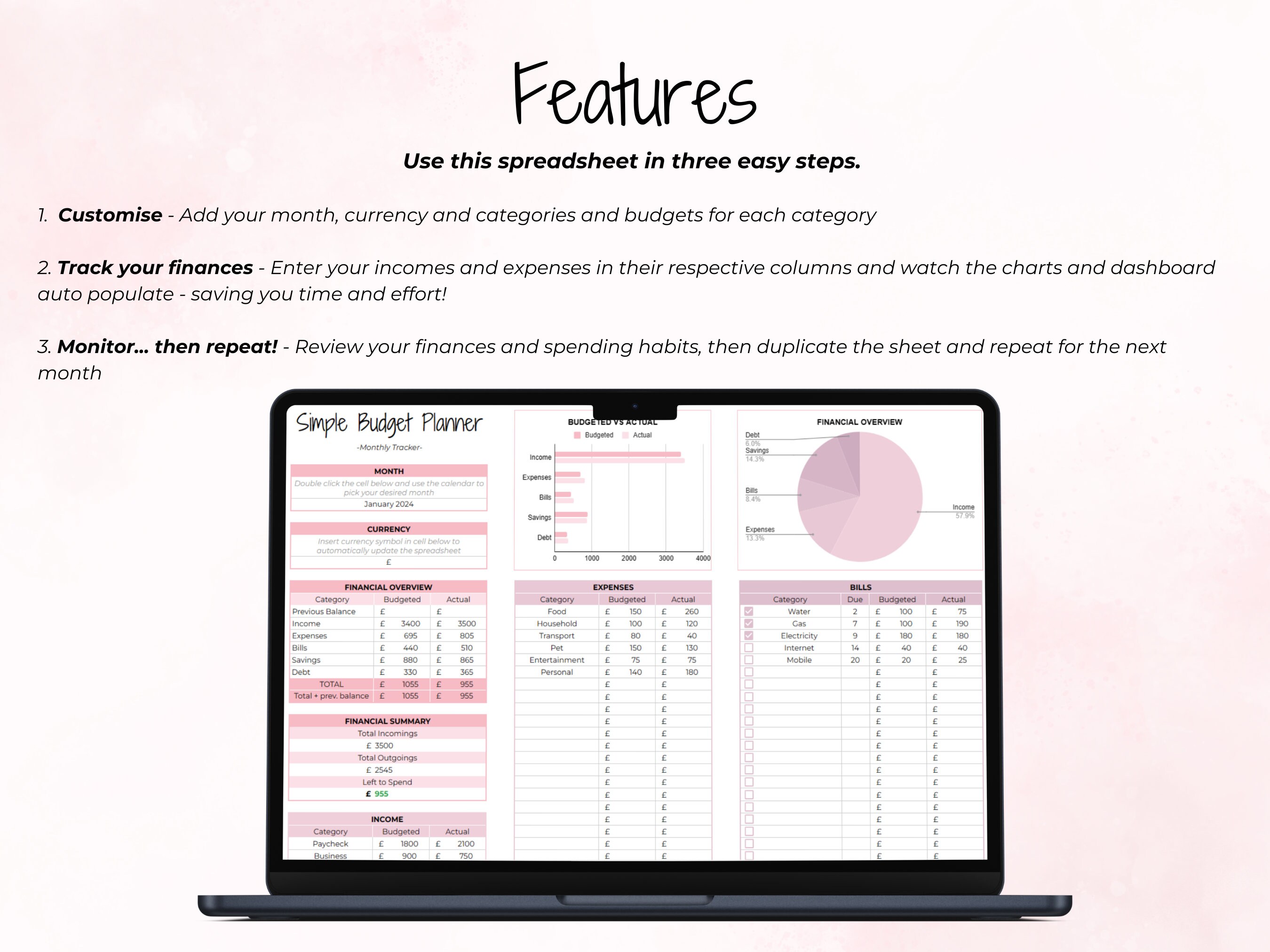 Editable Budget Planner Spreadsheet Google Sheets & Excel Monthly ...