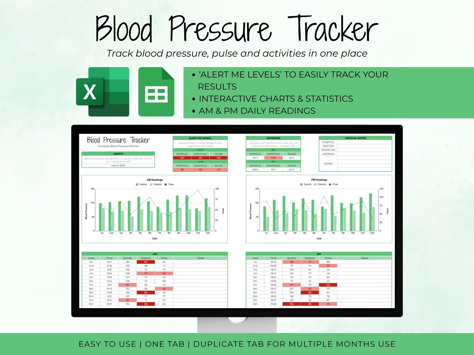 Editable Blood Pressure Tracker Spreadsheet | Blood Pressure and Pulse ...