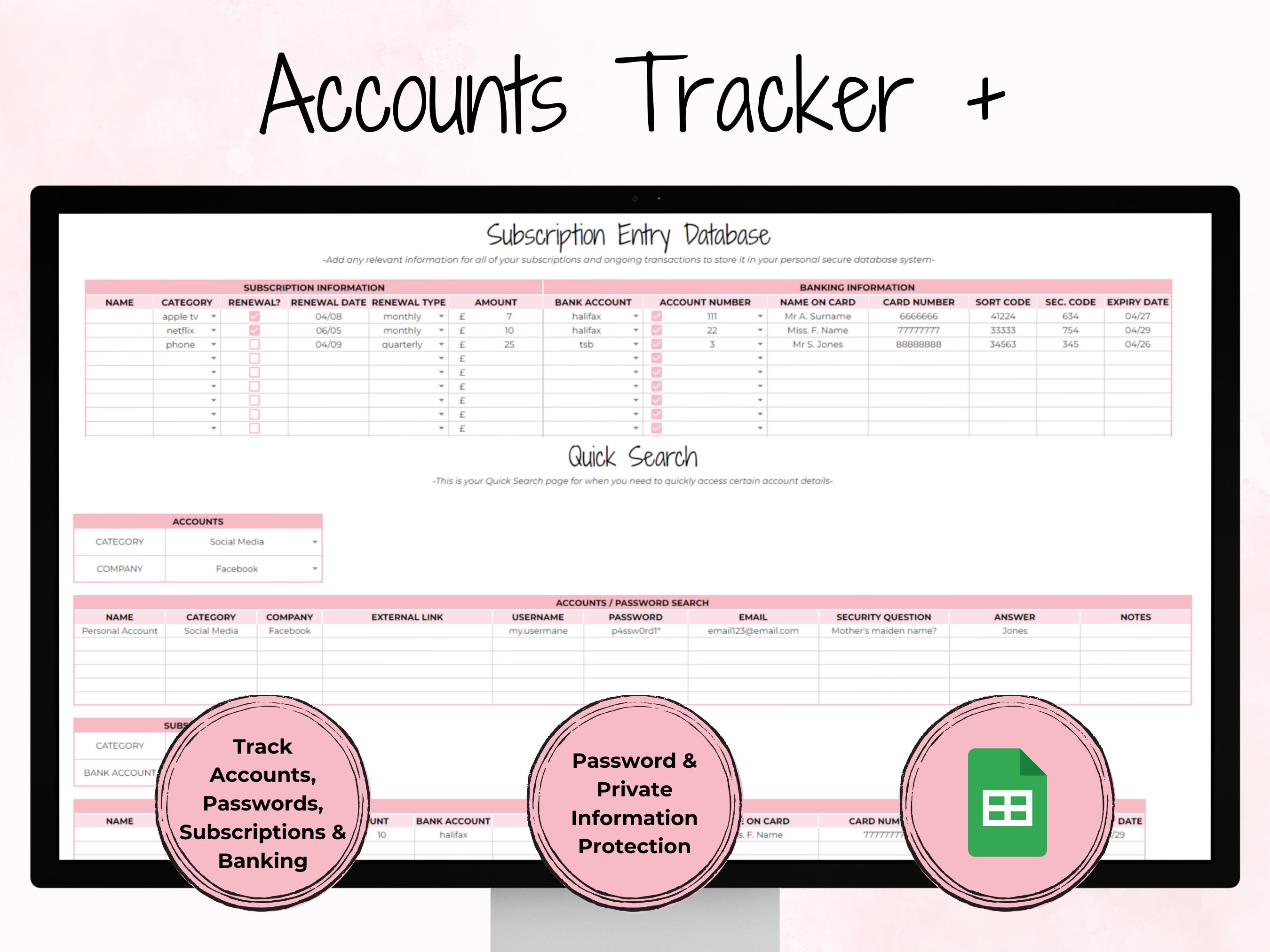 Editable Password & Accounts Tracker Spreadsheet | Google Sheets ...
