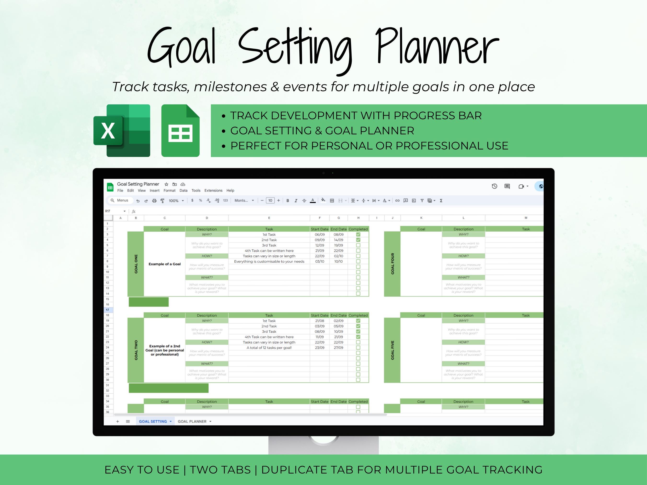 Digital Goal Planner Spreadsheet: Google Sheets & Excel Template (with ...
