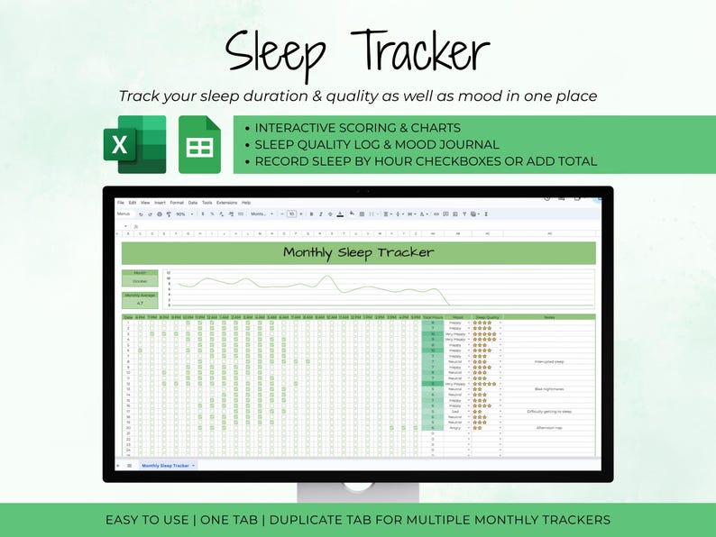 Editable Sleep Tracker Spreadsheet | Daily and Monthly Journal | Sleep ...