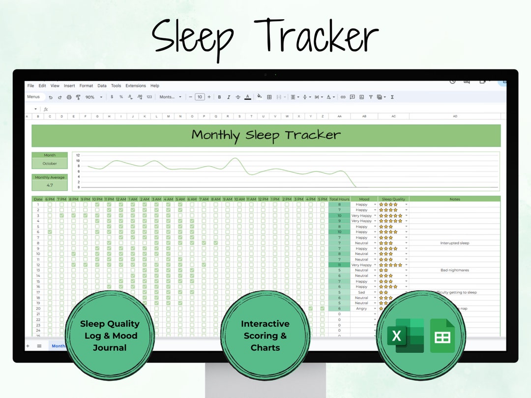Editable Sleep Tracker Spreadsheet | Daily and Monthly Journal | Sleep ...