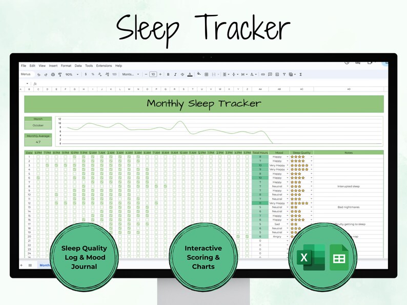 Editable Sleep Tracker Spreadsheet | Daily and Monthly Journal | Sleep ...