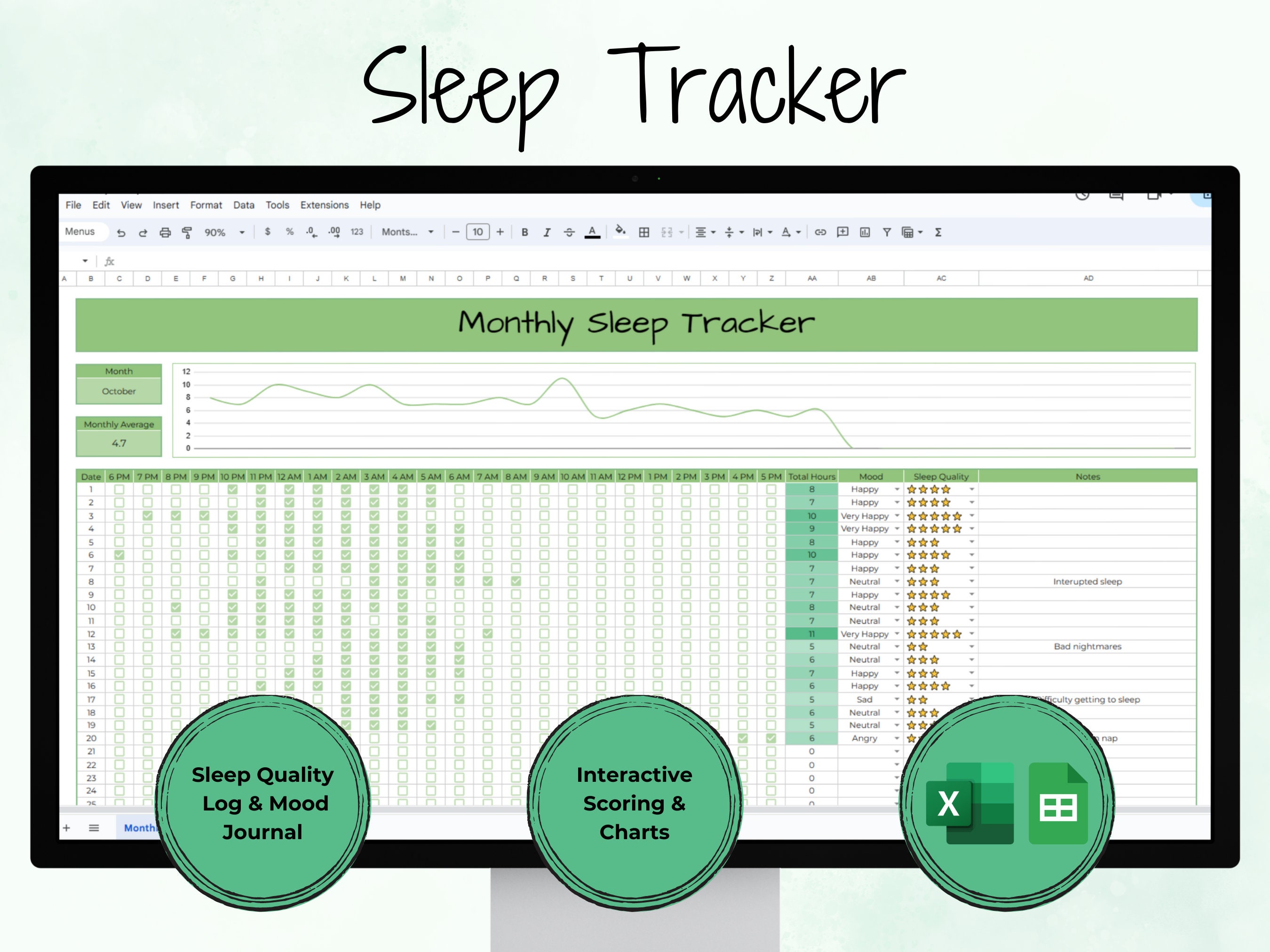 Editable Sleep Tracker Spreadsheet Daily and Monthly Journal Sleep ...