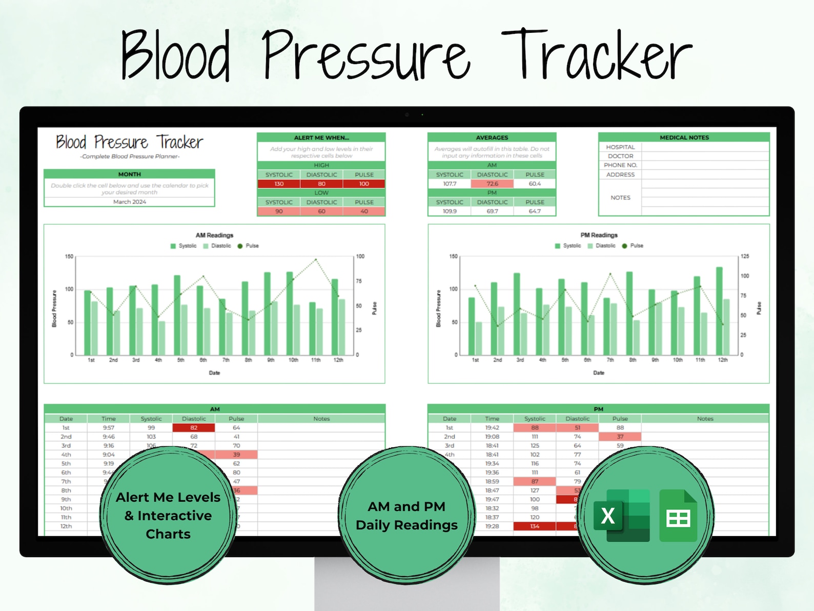 Editable Blood Pressure Tracker Spreadsheet | Blood Pressure and Pulse ...
