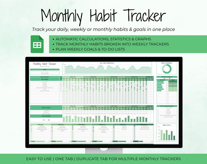Habit Tracker Spreadsheet Google Sheets Daily Habit Tracker Monthly ...
