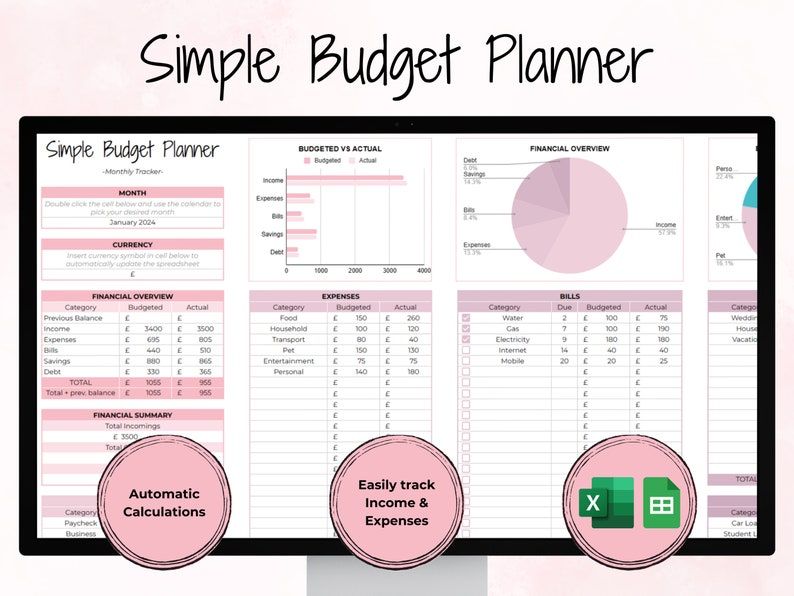 Editable Budget Planner Spreadsheet Google Sheets & Excel Monthly ...
