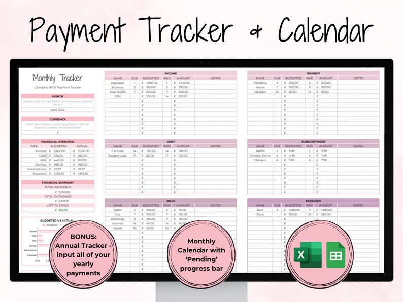 Editable Bill Tracker Spreadsheet Payment Tracker and Calendar Personal ...