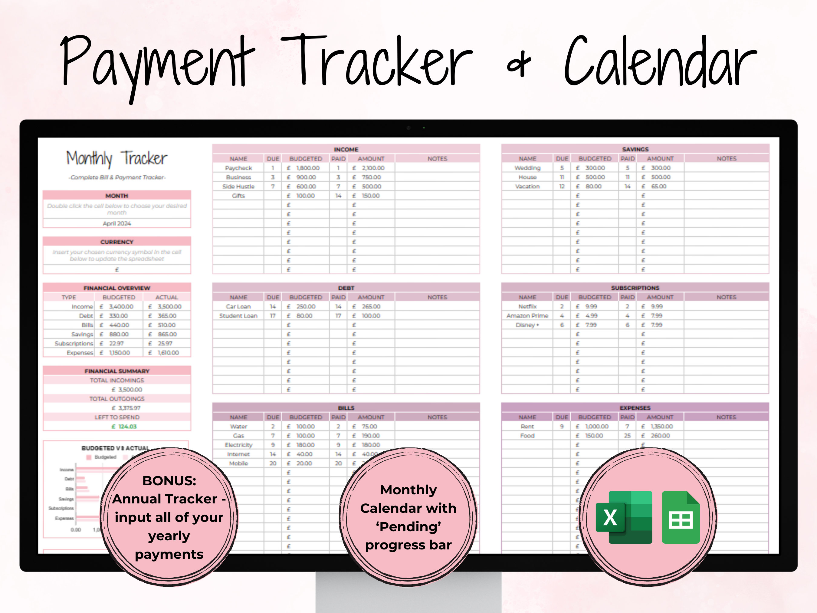 Editable Bill Tracker Spreadsheet Payment Tracker and Calendar Personal ...