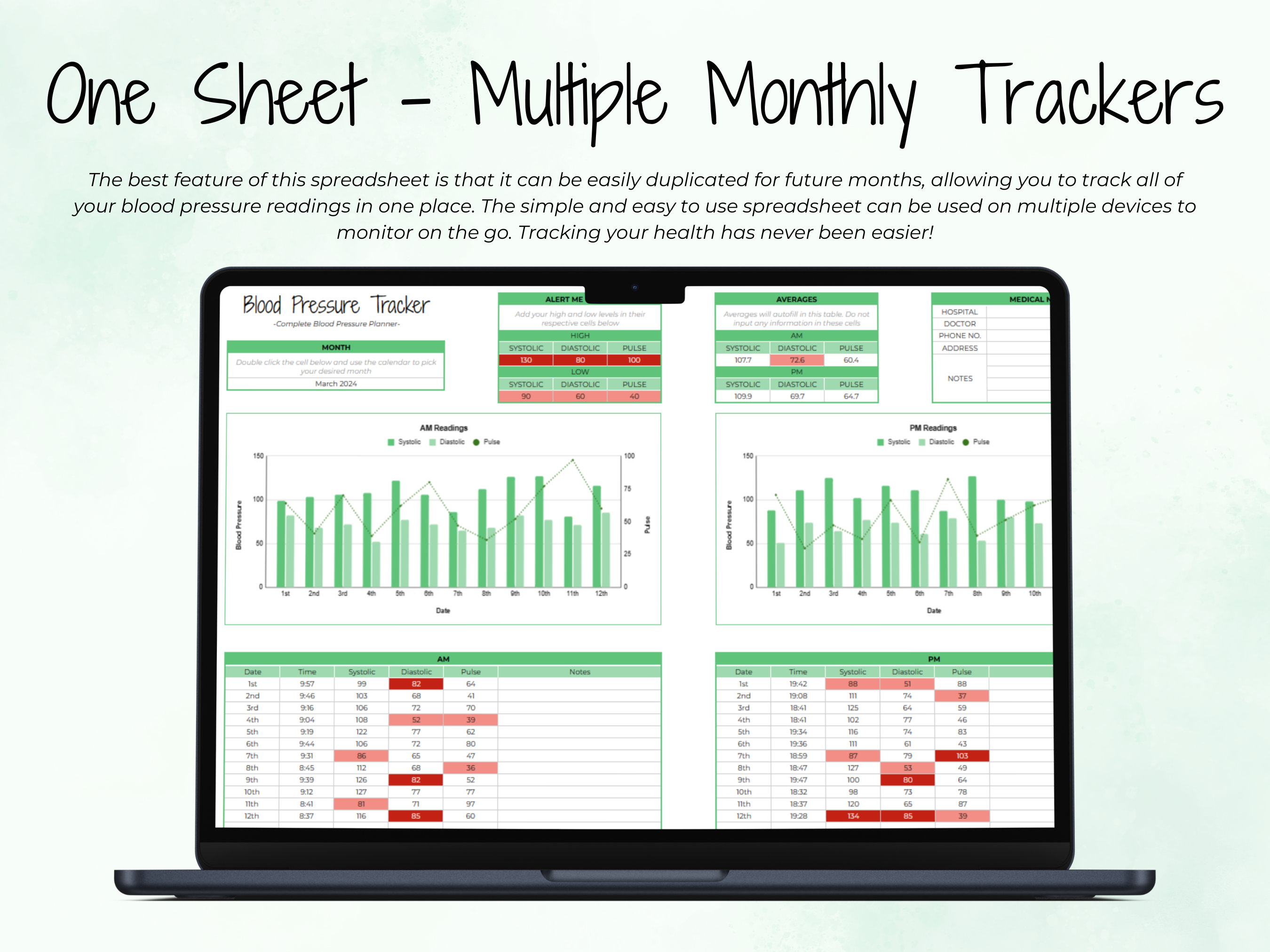 Editable Blood Pressure Tracker Spreadsheet | Blood Pressure and Pulse ...