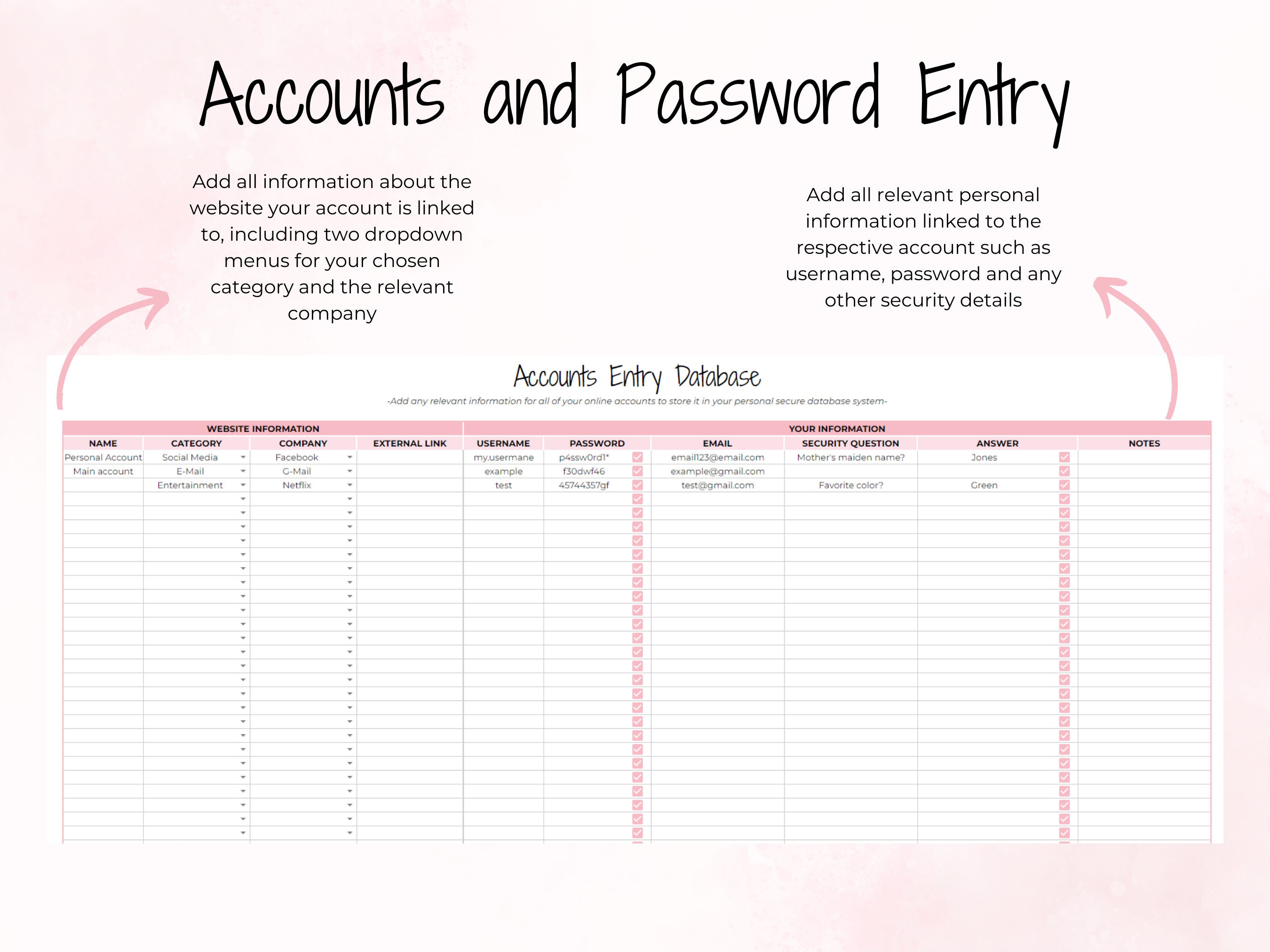 Editable Password & Accounts Tracker Spreadsheet | Google Sheets Template | Password Keeper ...