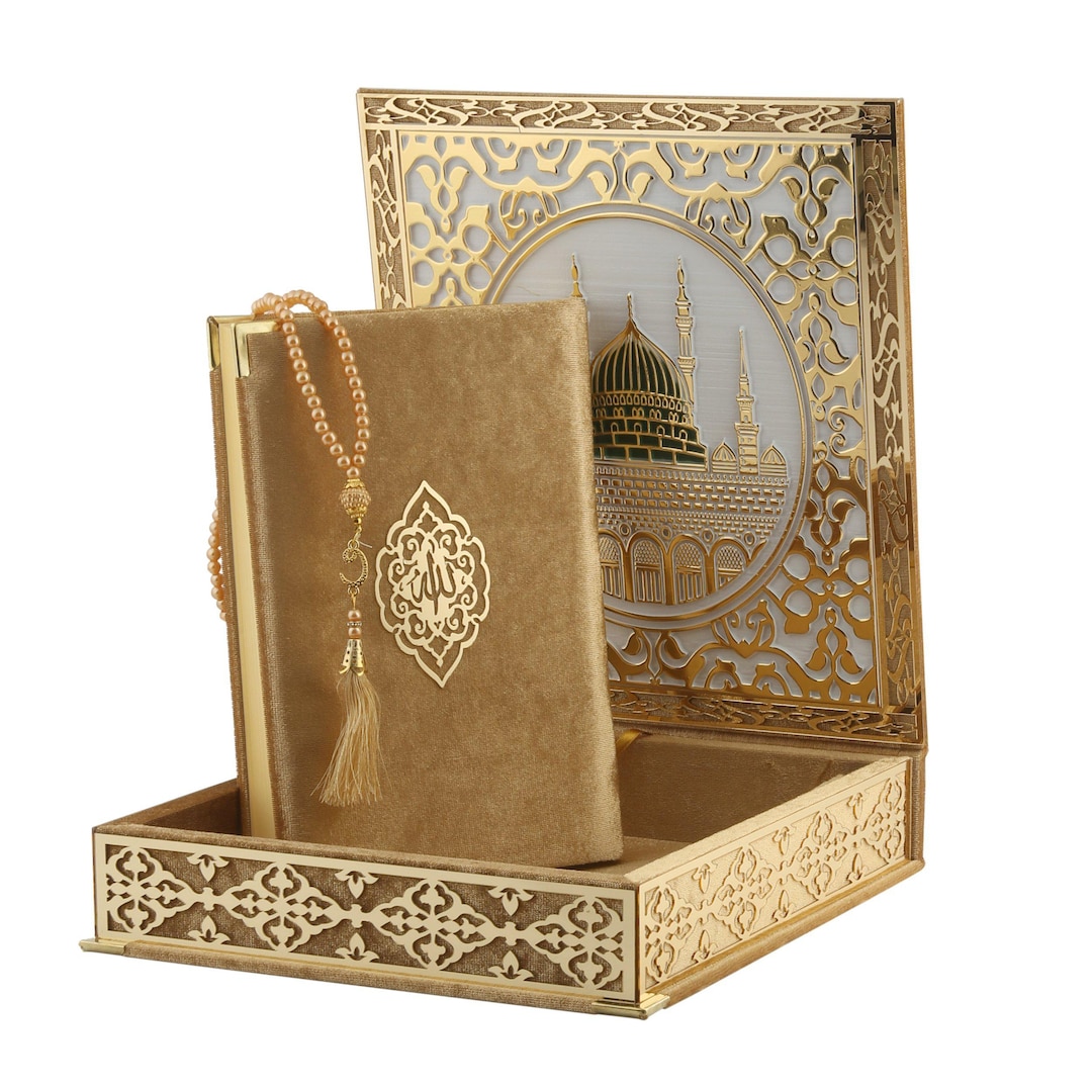 Gold Plexiglass Quran Prayer Box With Kaaba Detail Arabic Quran Tasbeeh ...