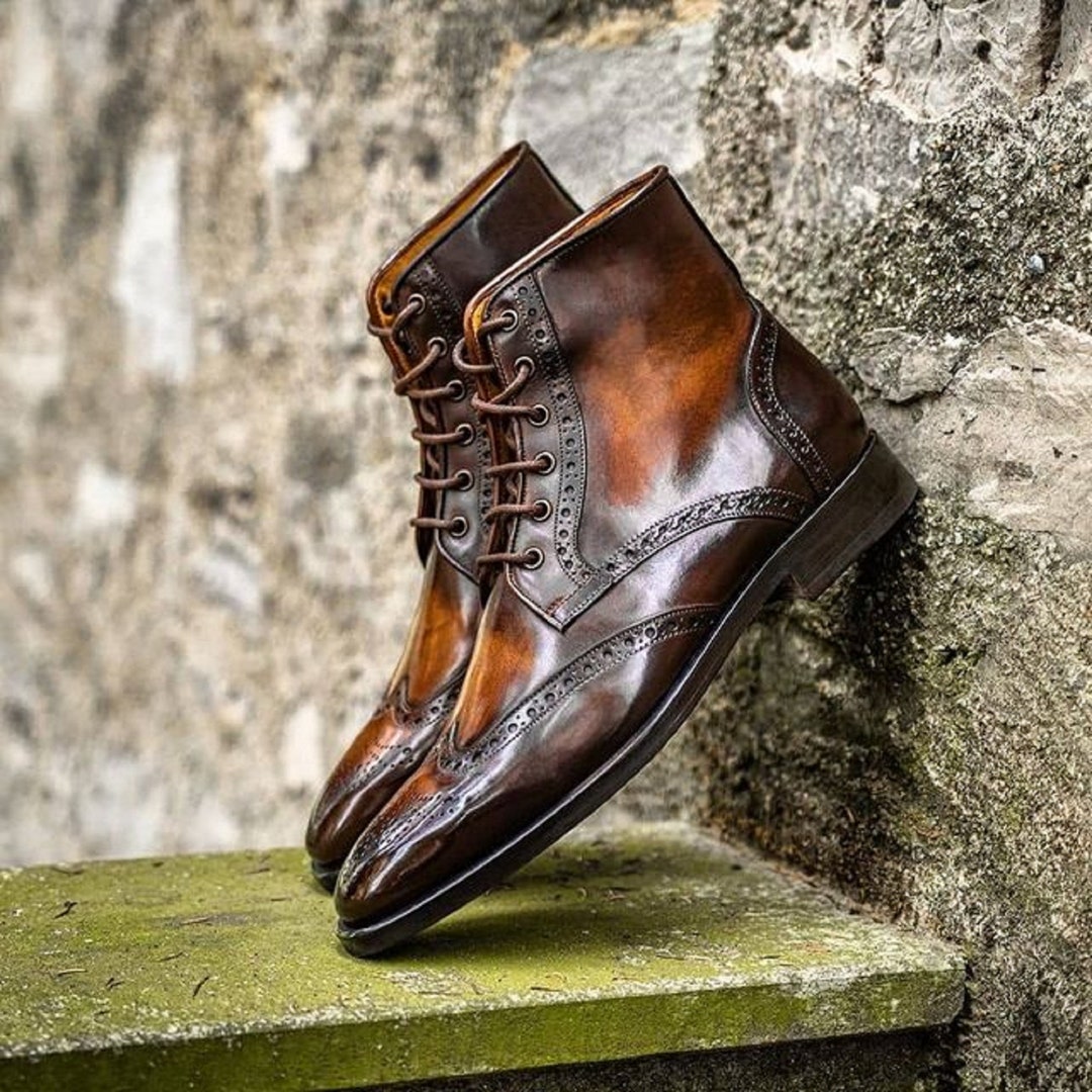 Handmade Premium Quality Leather Two Shaded Brown Wing Tip Brogue Men ...