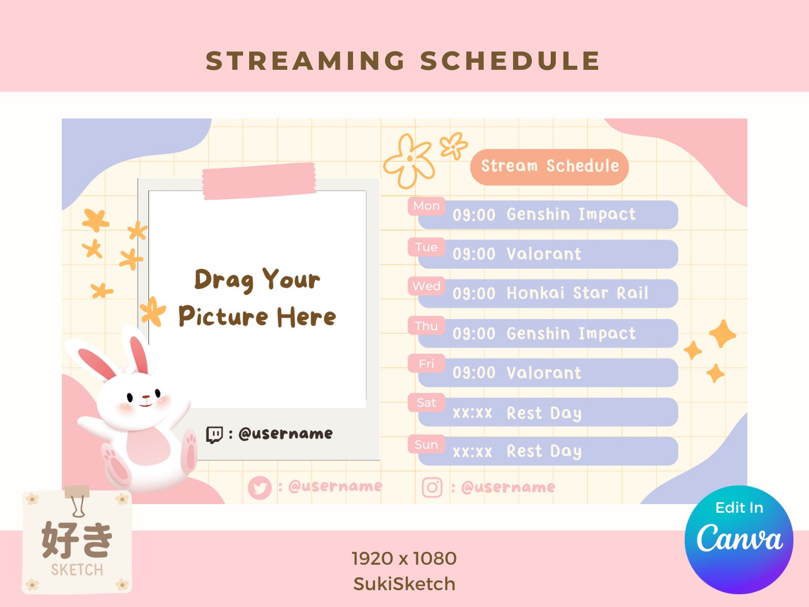 Cute Kawaii White and Pink Bunny Rabbit 7 Days Editable Canva Template ...