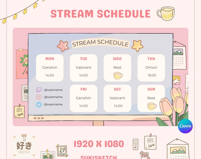 Pink Aesthetic Stream Schedule Template, 7 Day Editable Design (canva ...