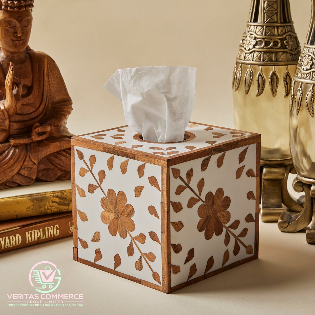 Luxury Wooden Cube Tissue Box With Delicate White Floral Patterns - Etsy UK