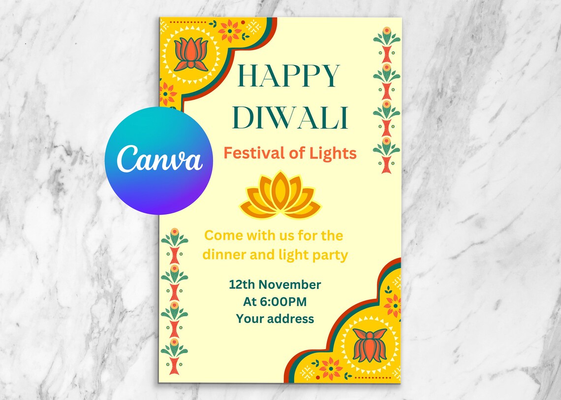 Editable Diwali Invitation Canva, Digital & Printable Invitation ...