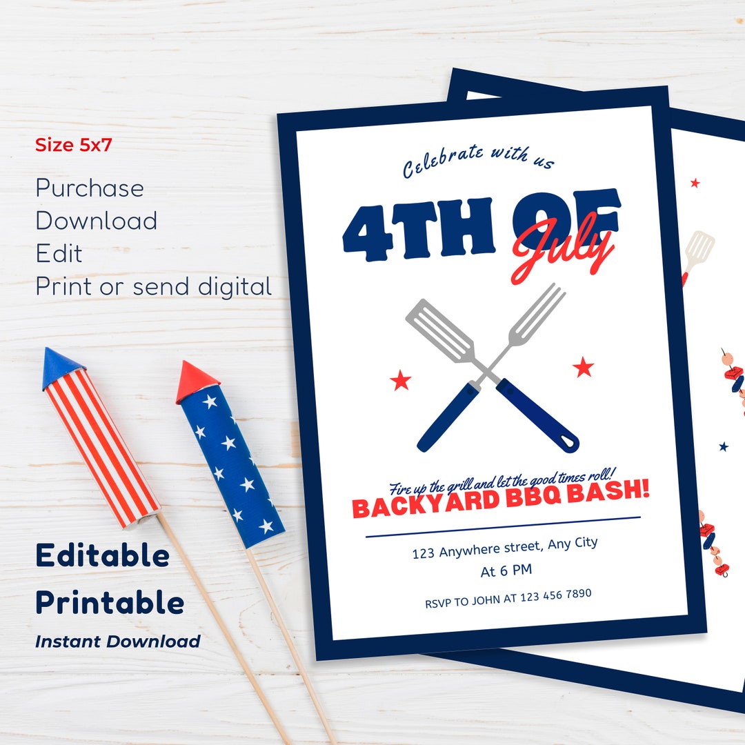 4th of July BBQ Party Invitation, Independence Day Backyard BBQ Party ...