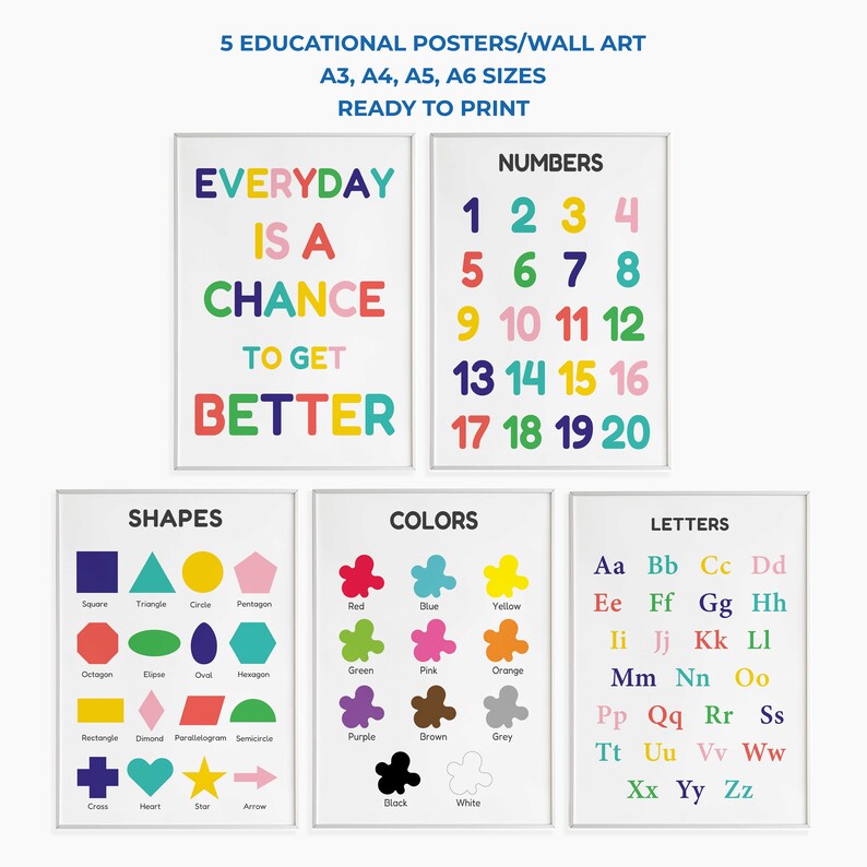 Educational Posters Set for Kids 5 Printable Learning Wall Art ...