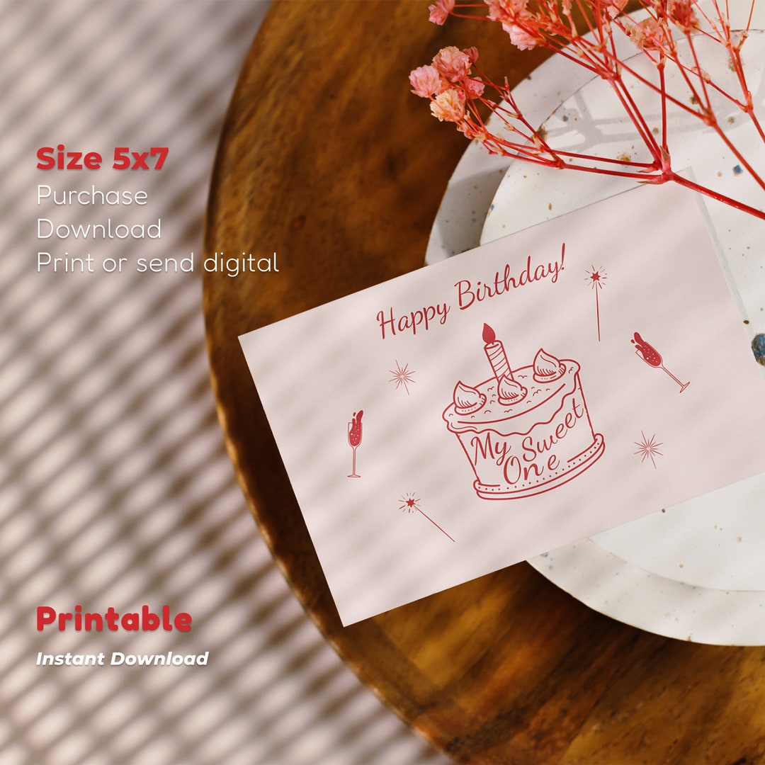 Pink Birthday Card, Printable Greeting Card, Instant Digital Download ...