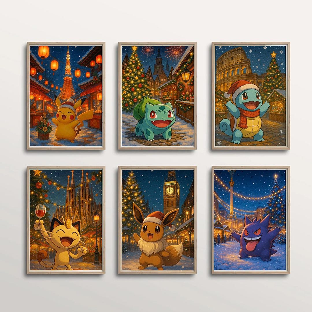 Set of 18 Christmas Pokémon in Different Cities Poster Set | Pikachu ...