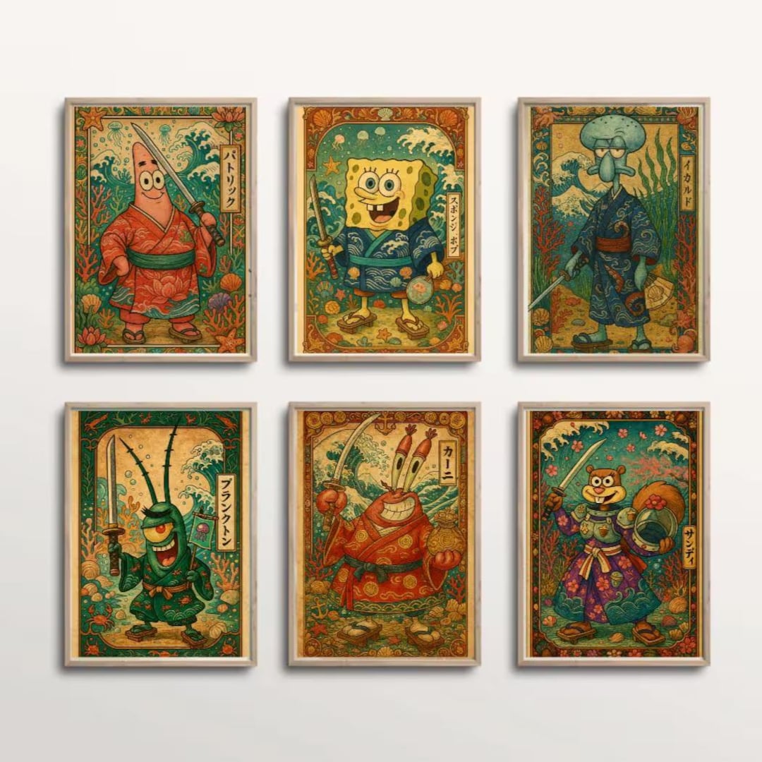 Set of 18 Spongebob Posters | Spongebob Wall Art | Ukiyo-e Japanese ...
