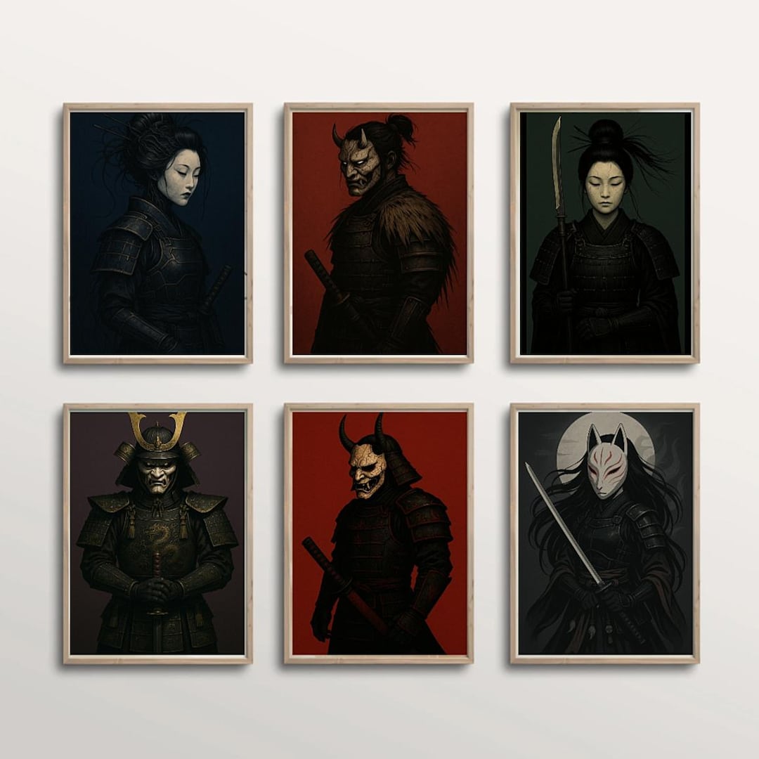 Set of 6 Samurai & Oni Mask Posters | Japanese Warrior Wall Art | Dark ...