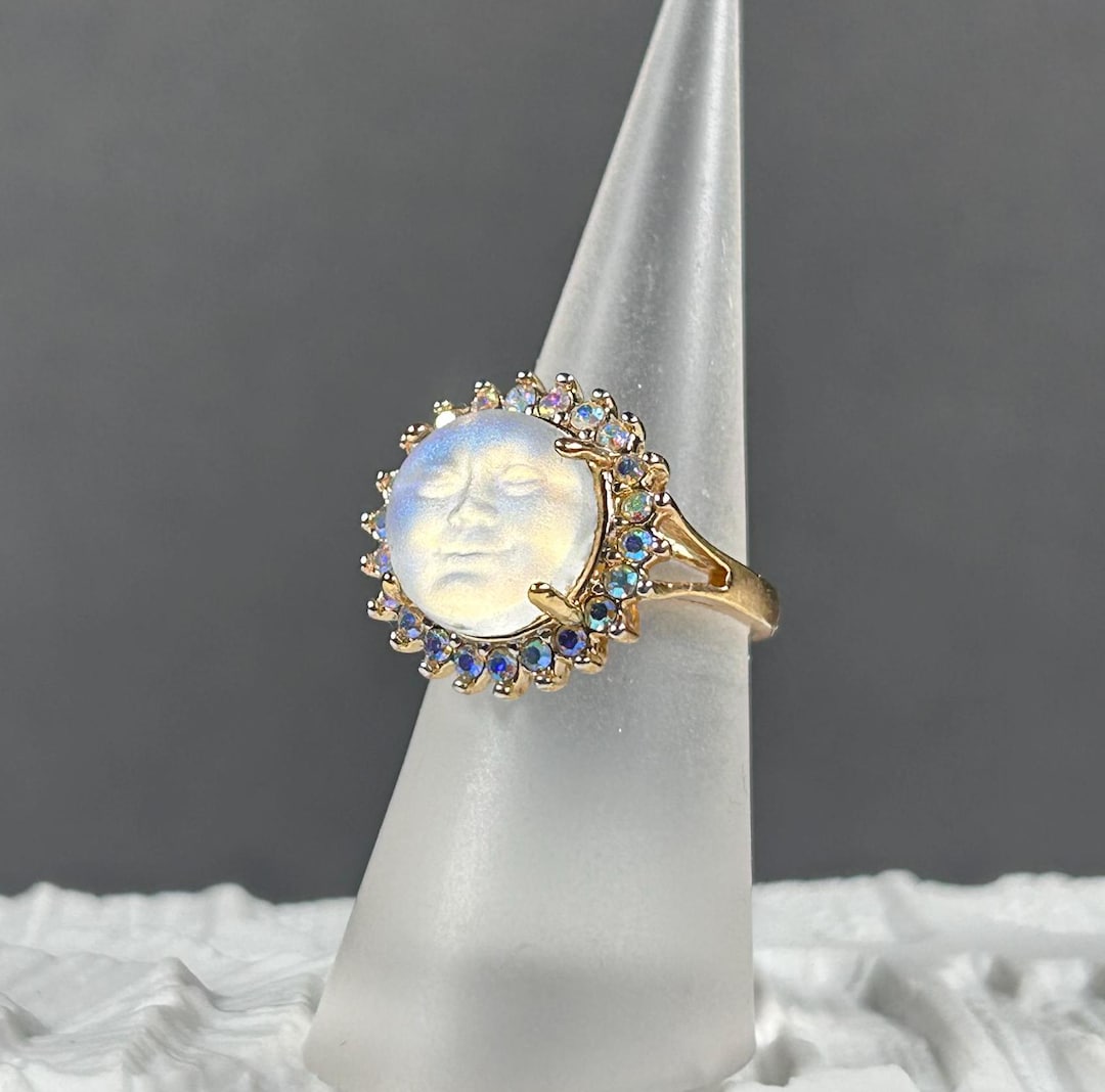 Vintage KIRKS FOLLY Iridiscent Moon Face Ring With Aurora Borealis ...