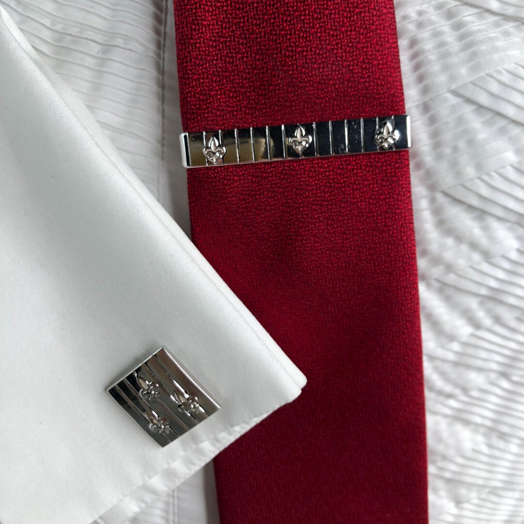 Vintage SWANK Unisex Cufflinks and Tie Pin Silver-colored Set FLEUR De ...