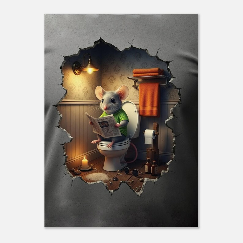 Funny Bathroom Wall Art, Mouse on Toilet Print, Rat Reading Newspaper ...