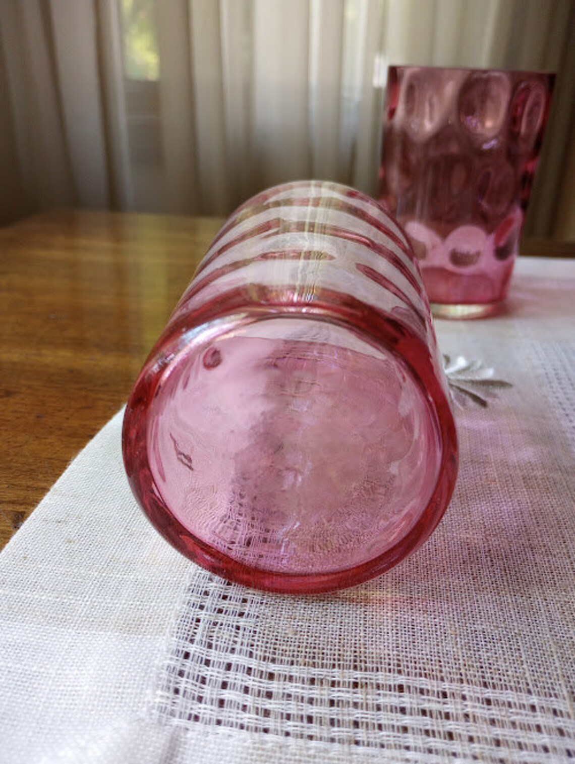 Fenton Cranberry Coin Dot Pitcher With 7 Glasses, Hand Blown, Clear ...