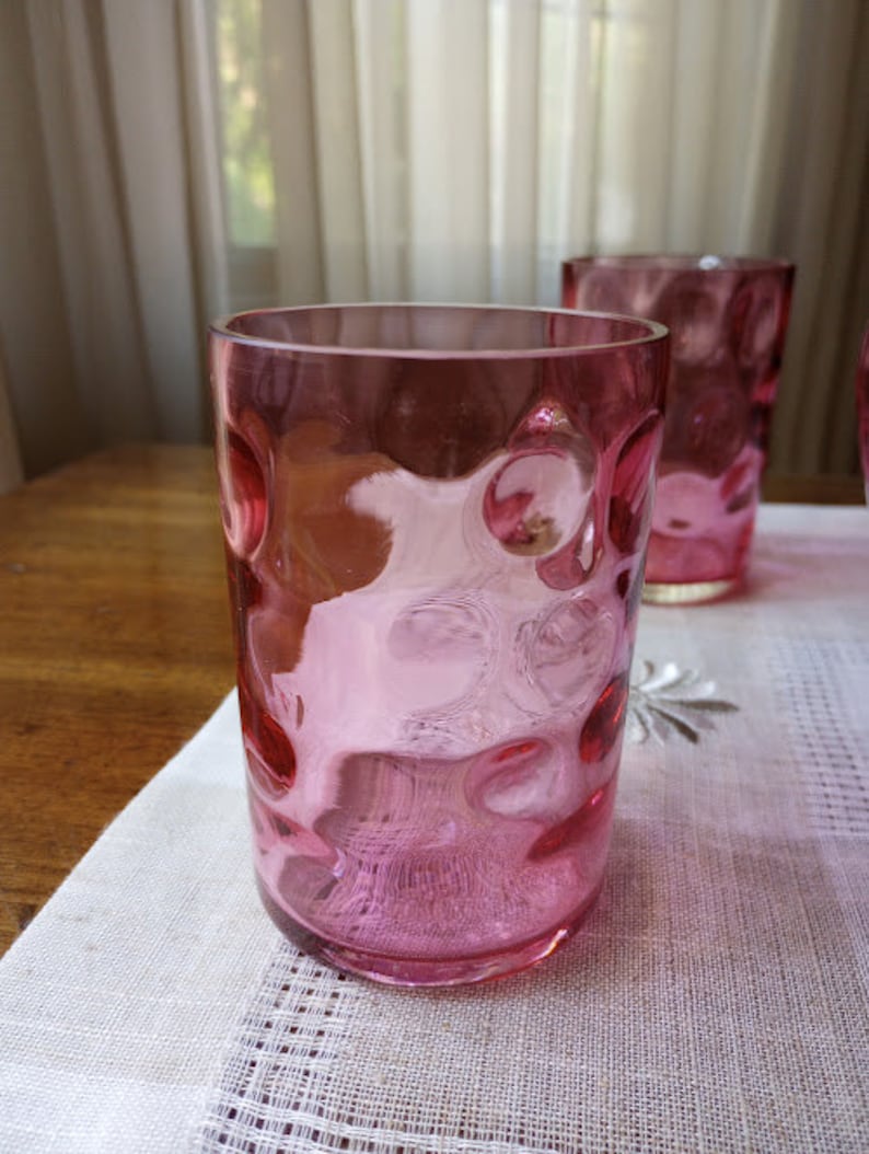 Fenton Cranberry Coin Dot Pitcher With 7 Glasses, Hand Blown, Clear ...