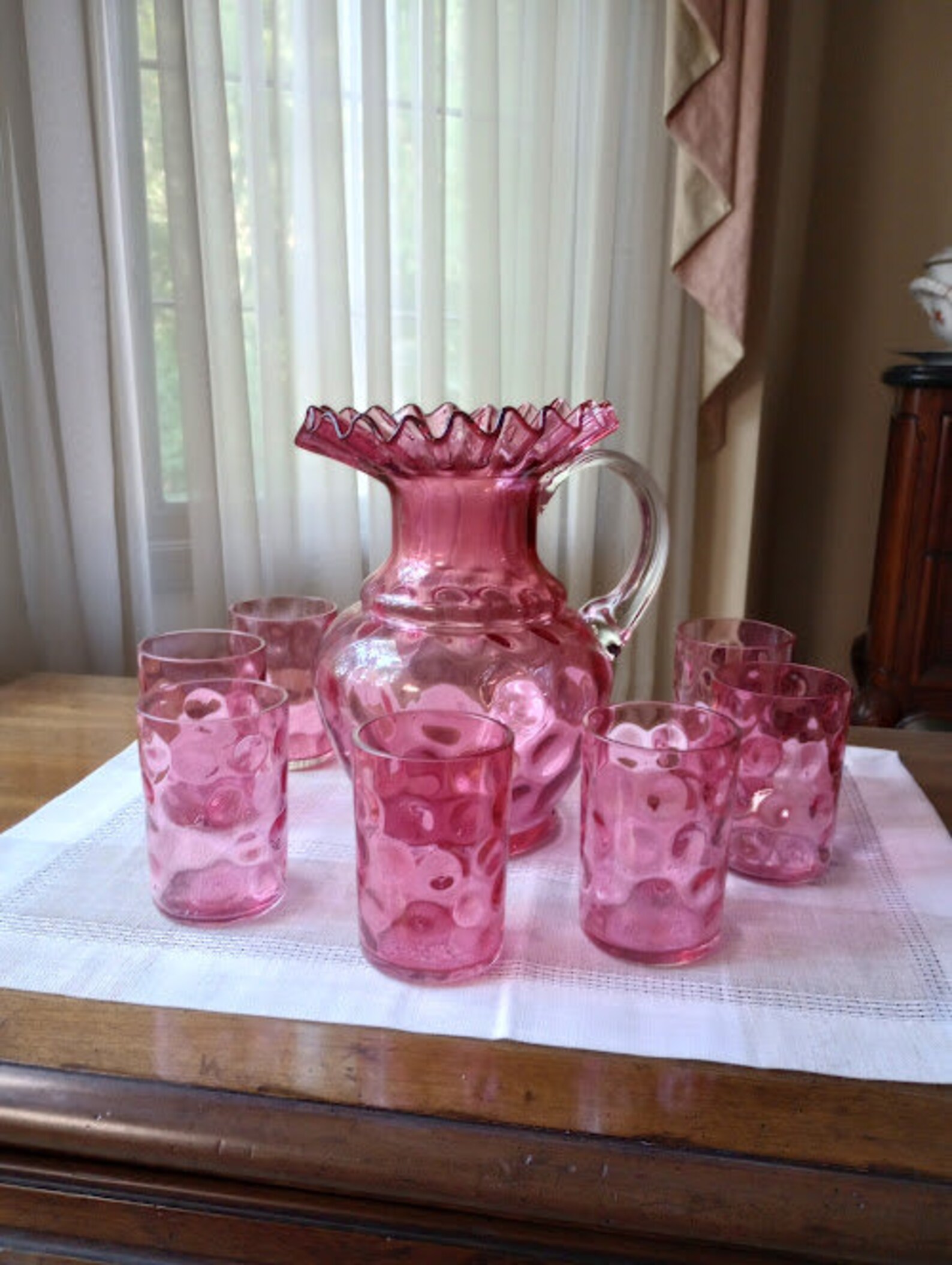 Fenton Cranberry Coin Dot Pitcher With 7 Glasses, Hand Blown, Clear ...