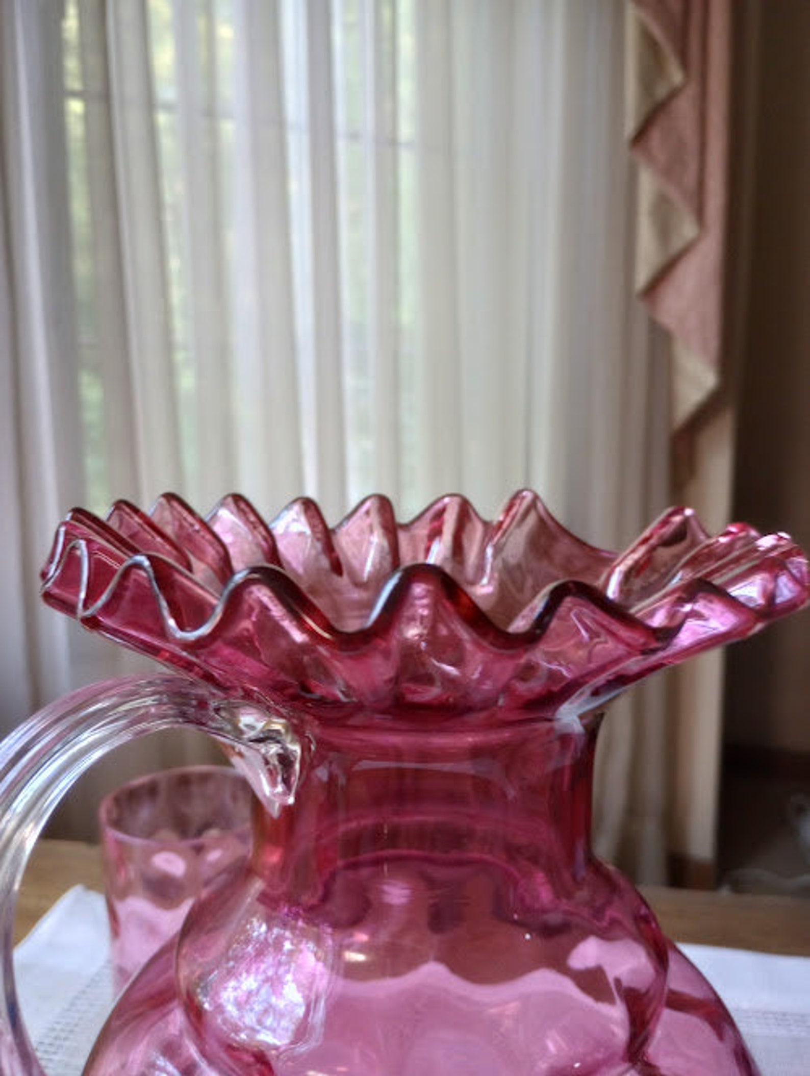 Fenton Cranberry Coin Dot Pitcher With 7 Glasses, Hand Blown, Clear ...