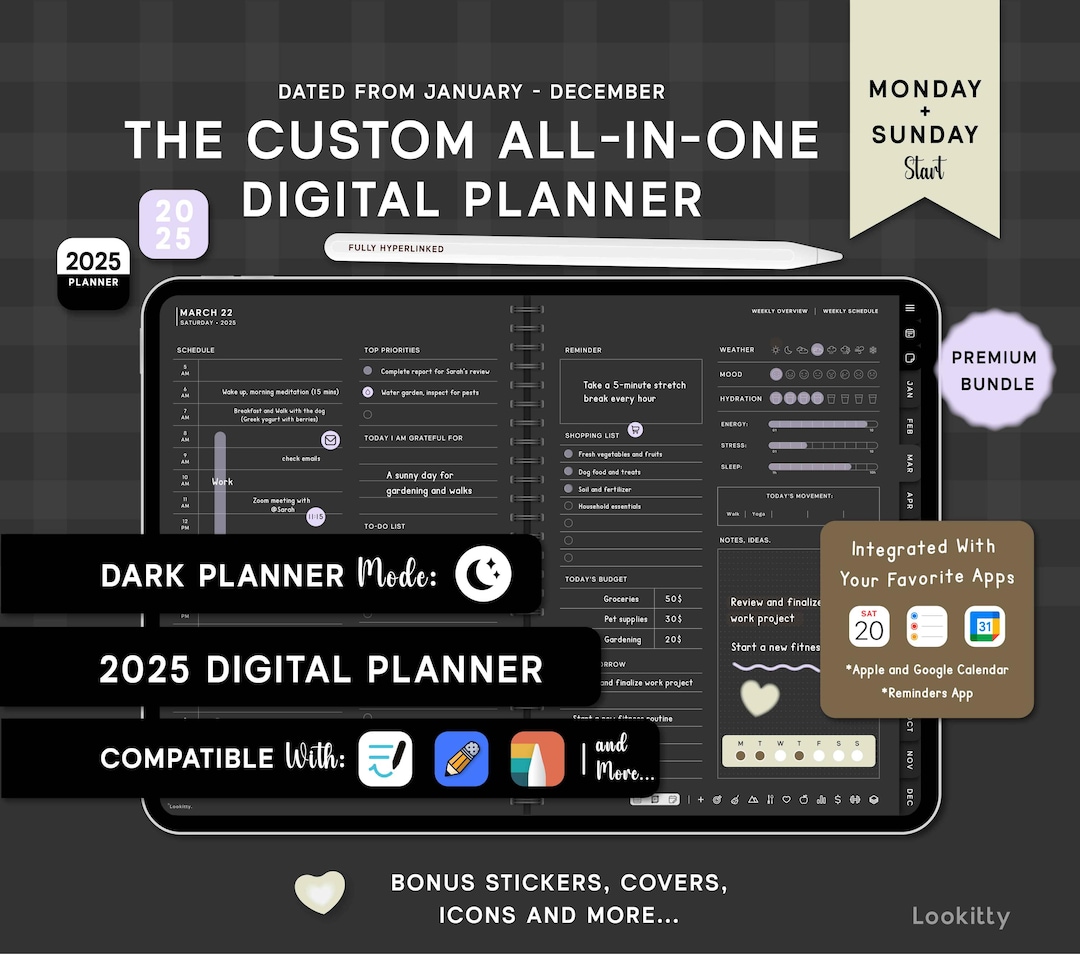 2025 Dark Digital Planner, Goodnotes Planner, Monthly, Weekly & Daily ...