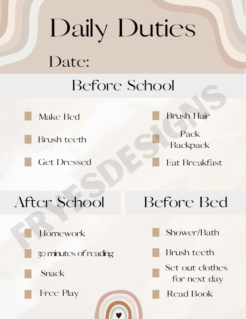 Kids Daily Duty List, Printable Daily Routine, Morning/evening ...
