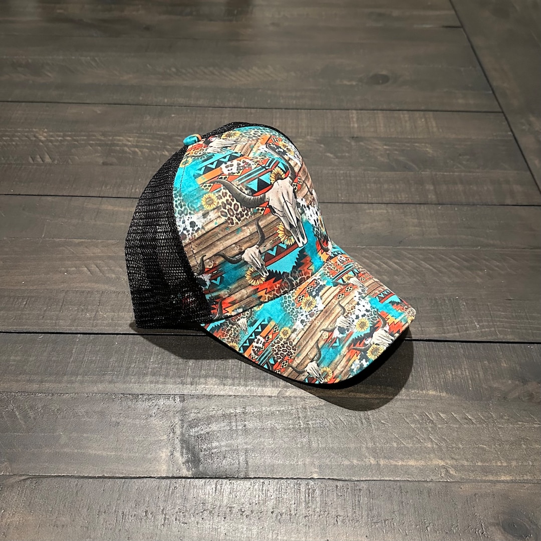 Turquoise Southwestern Ponytail Hat Western Boho Hat Adjustable Velcro ...