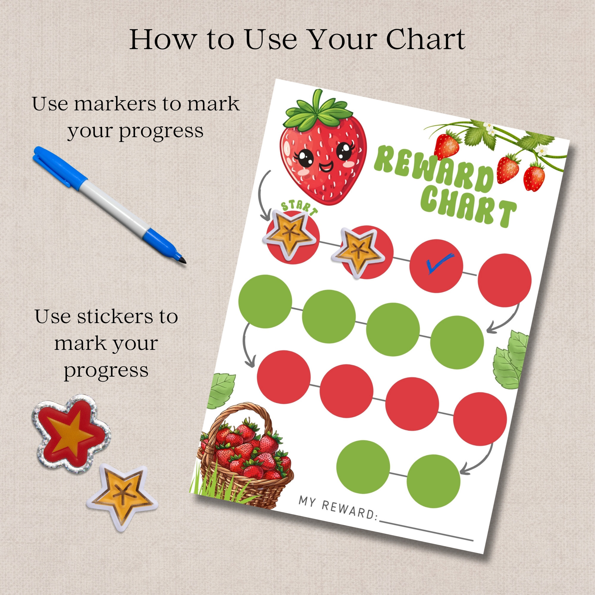 Reward Chart Printable for Kids, Strawberry Reward Chart, Fun Behavior ...