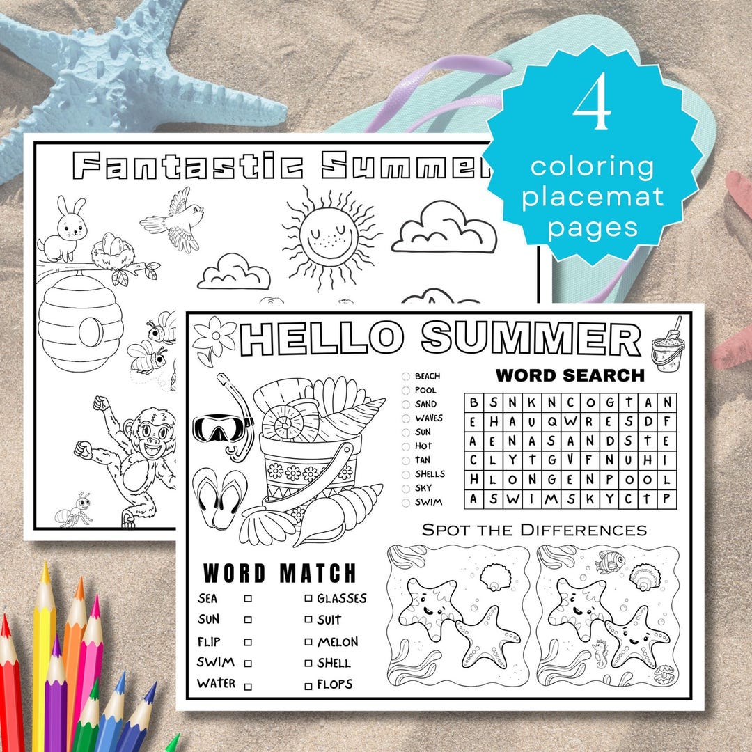 Printable Placemats Summer Coloring Pages for Kids Summer Themed Party ...