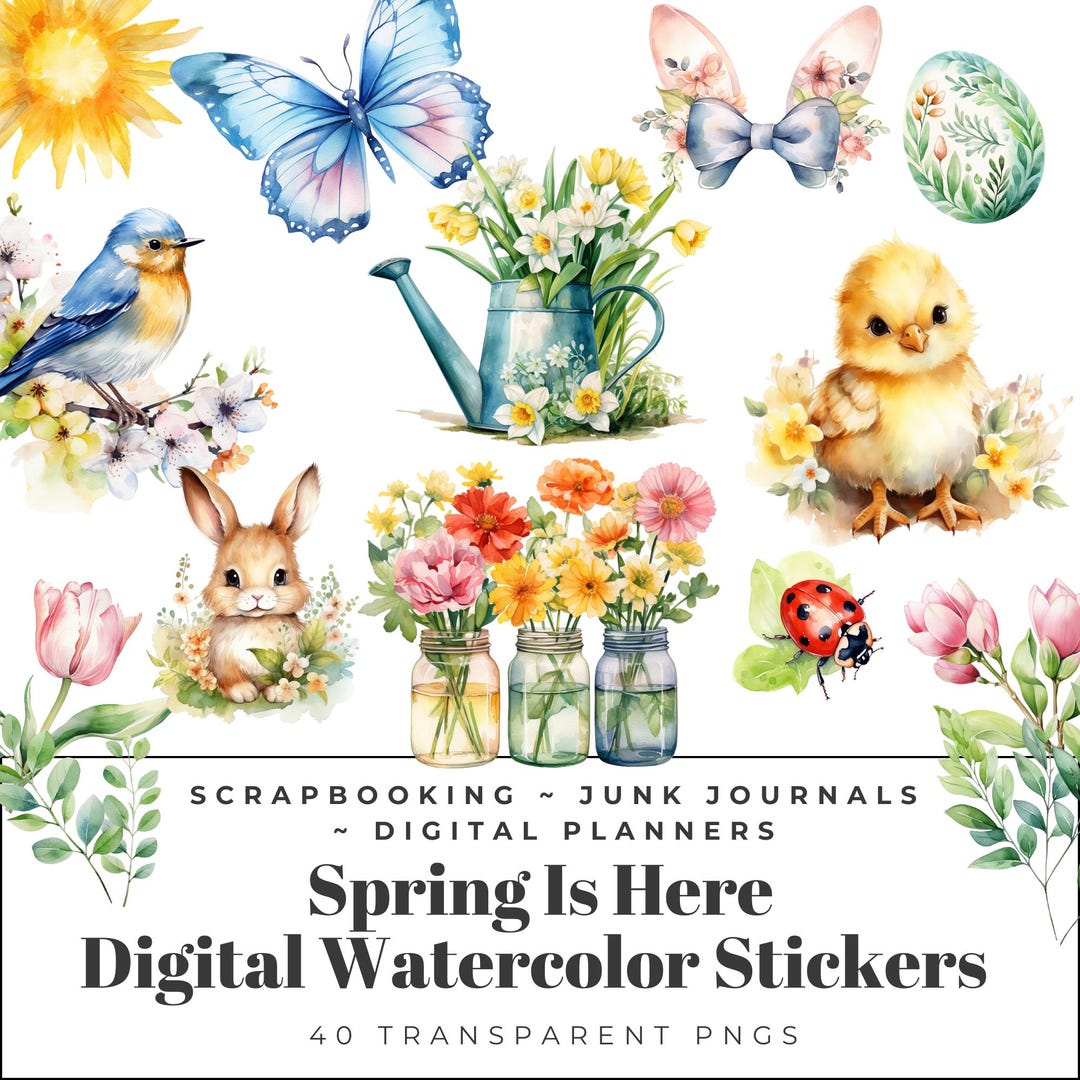 Spring Themed Digital Stickers, Goodnotes Stickers, Watercolor Digital ...