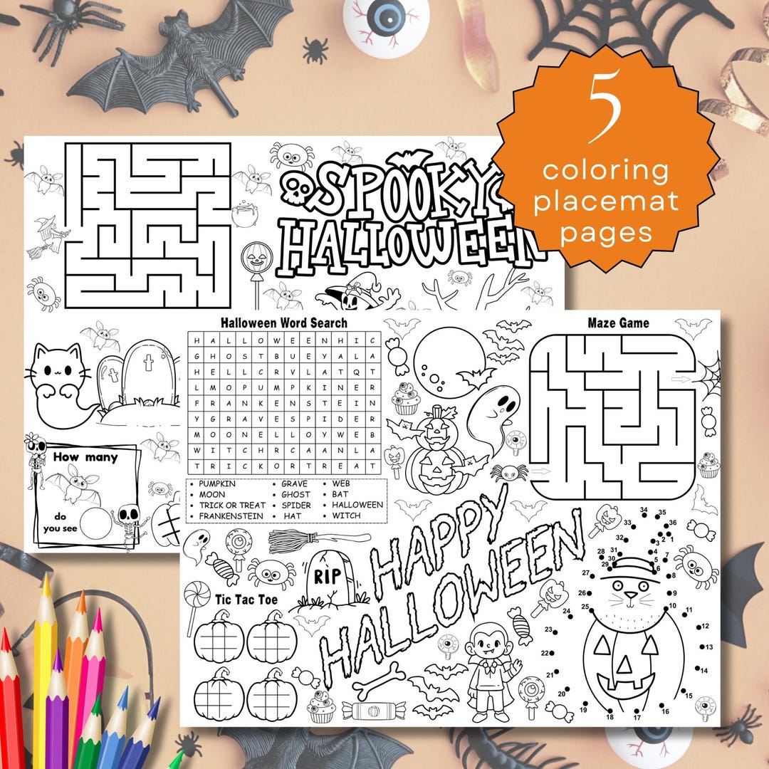 Halloween Coloring Printable Placemats for Kids, Halloween Themed Party ...
