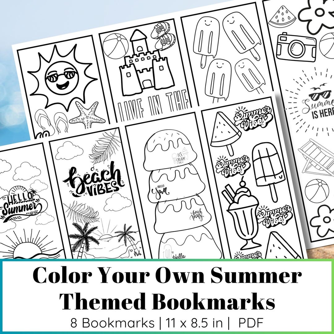 Printable Summer Themed Bookmarks Set, Color Your Own Bookmarks, DIY ...