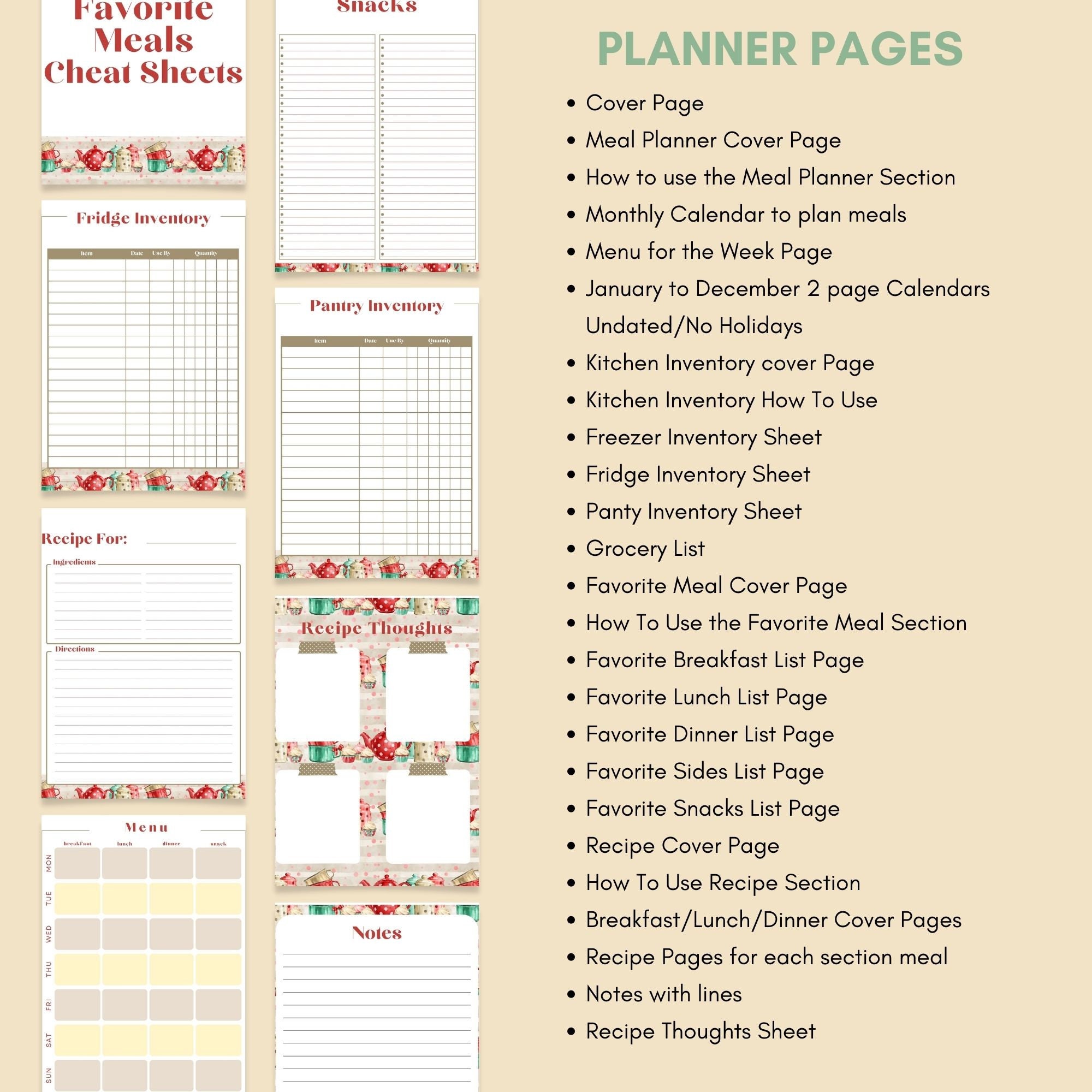 Kitchen Planner, Printable Kitchen Planner, Meal Planner and Calendars ...