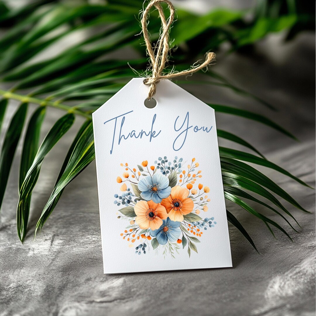 Orange and Blue Floral Gift Tag Printable, Digital Download, Wedding ...