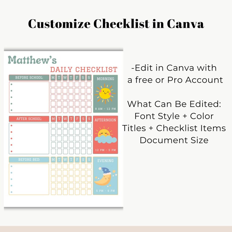 Editable Kids Chore Chart, Customizable Canva Template, Printable Daily ...