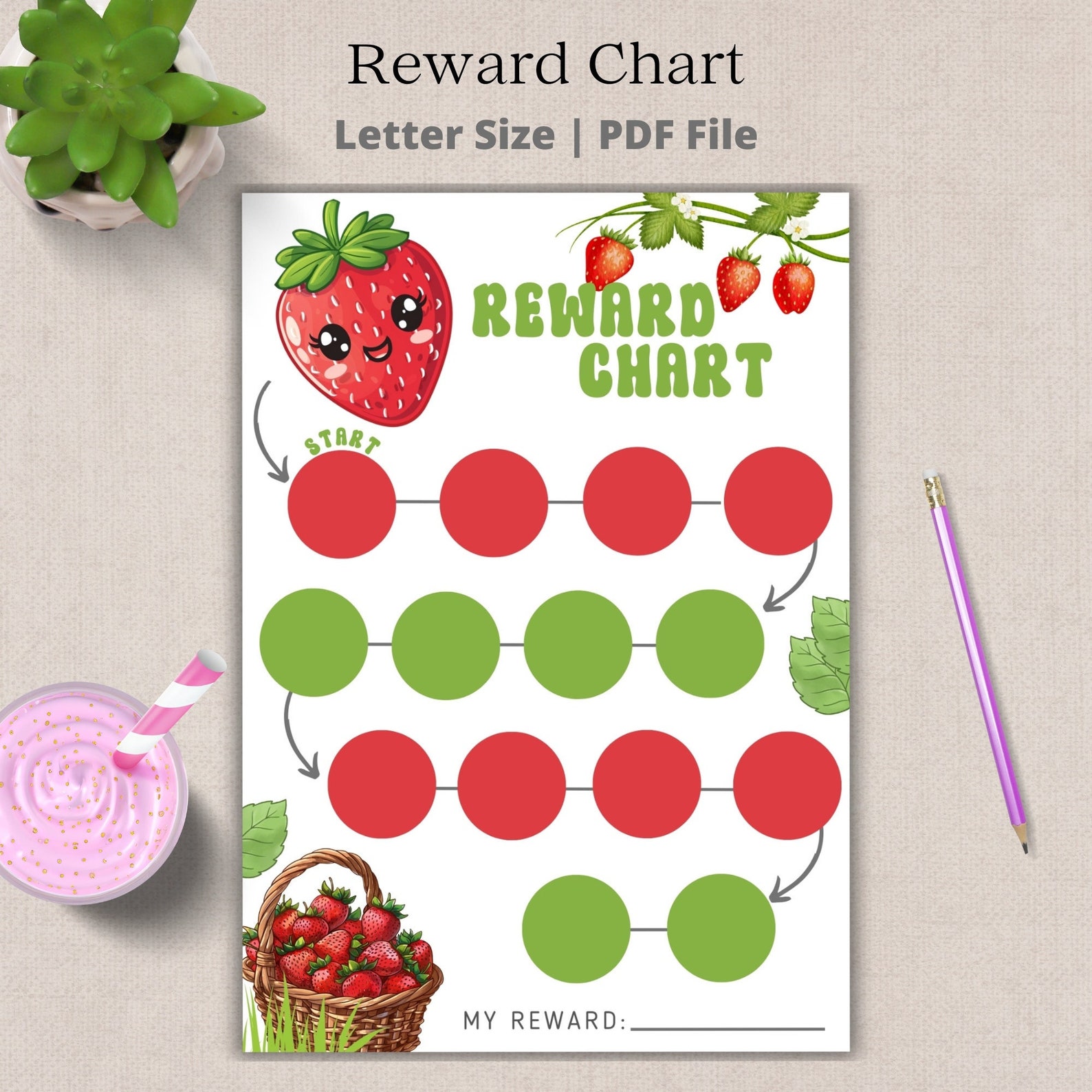 Reward Chart Printable for Kids, Strawberry Reward Chart, Fun Behavior ...