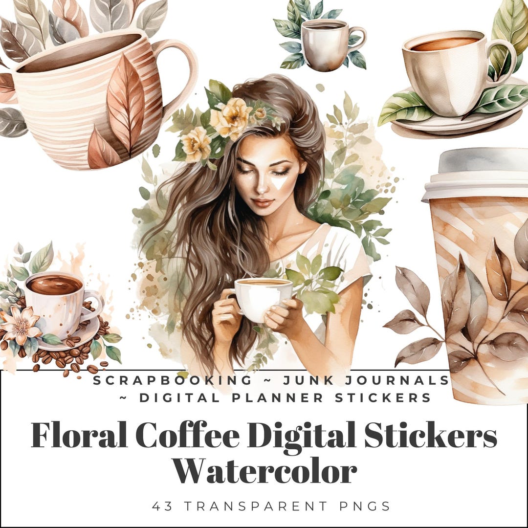 Digital Coffee Stickers - Watercolor Digital Stickers for Planners ...